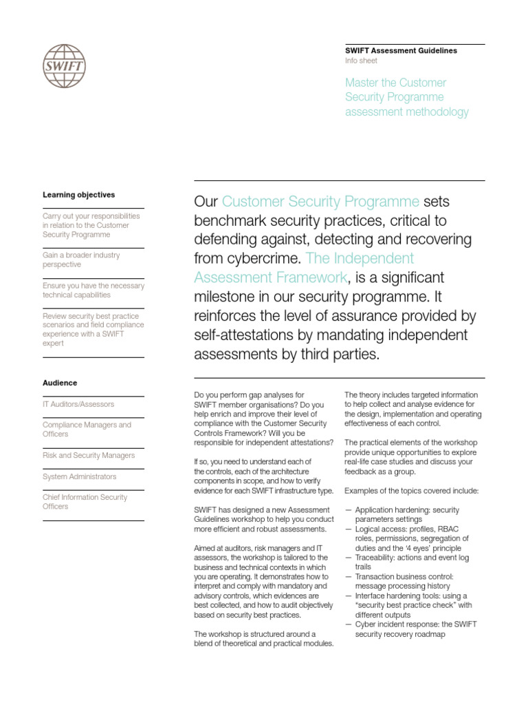 Swift Csp Assessment Guidelines Factsheet 2020 Pdf Information Security Computing 