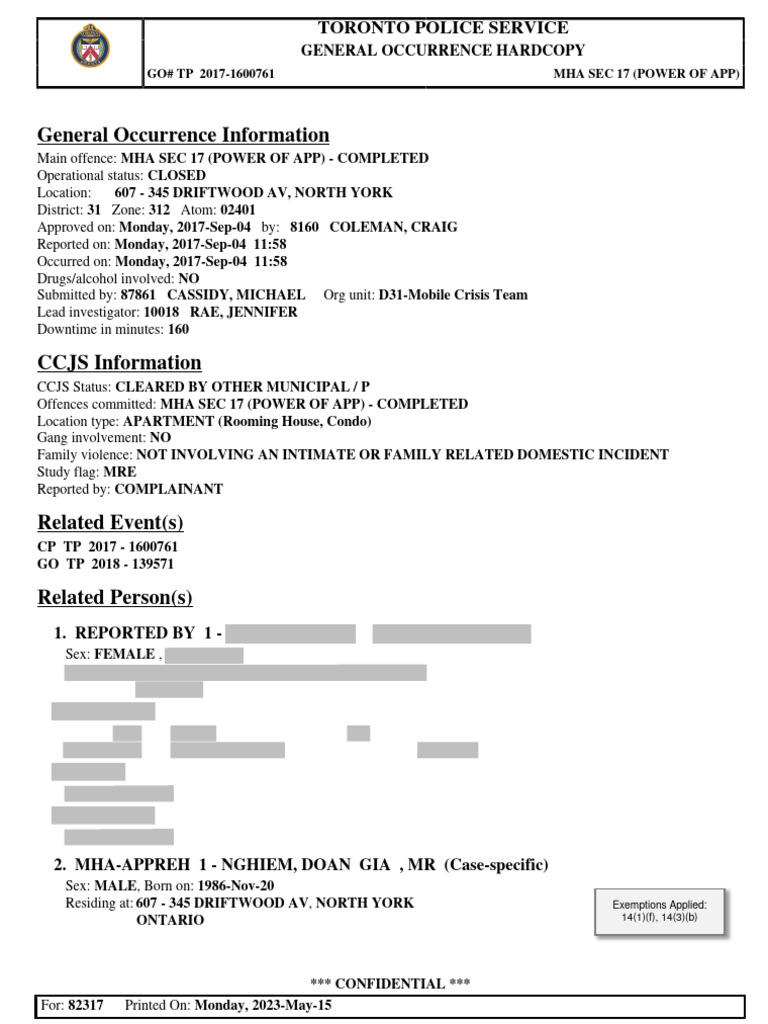 Toronto Police Report Records | PDF | Psychiatry