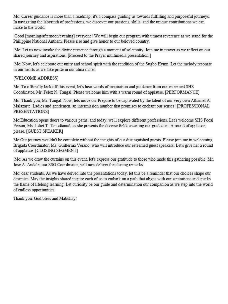 Emcee Script for Career Guidance Event | PDF