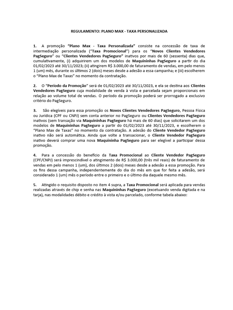 Regulamento do Plano Max - Taxa Personalizada | PDF