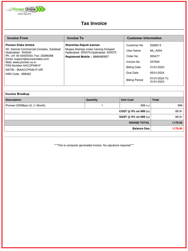 Tax Invoice for Pioneer Elabs Services | PDF