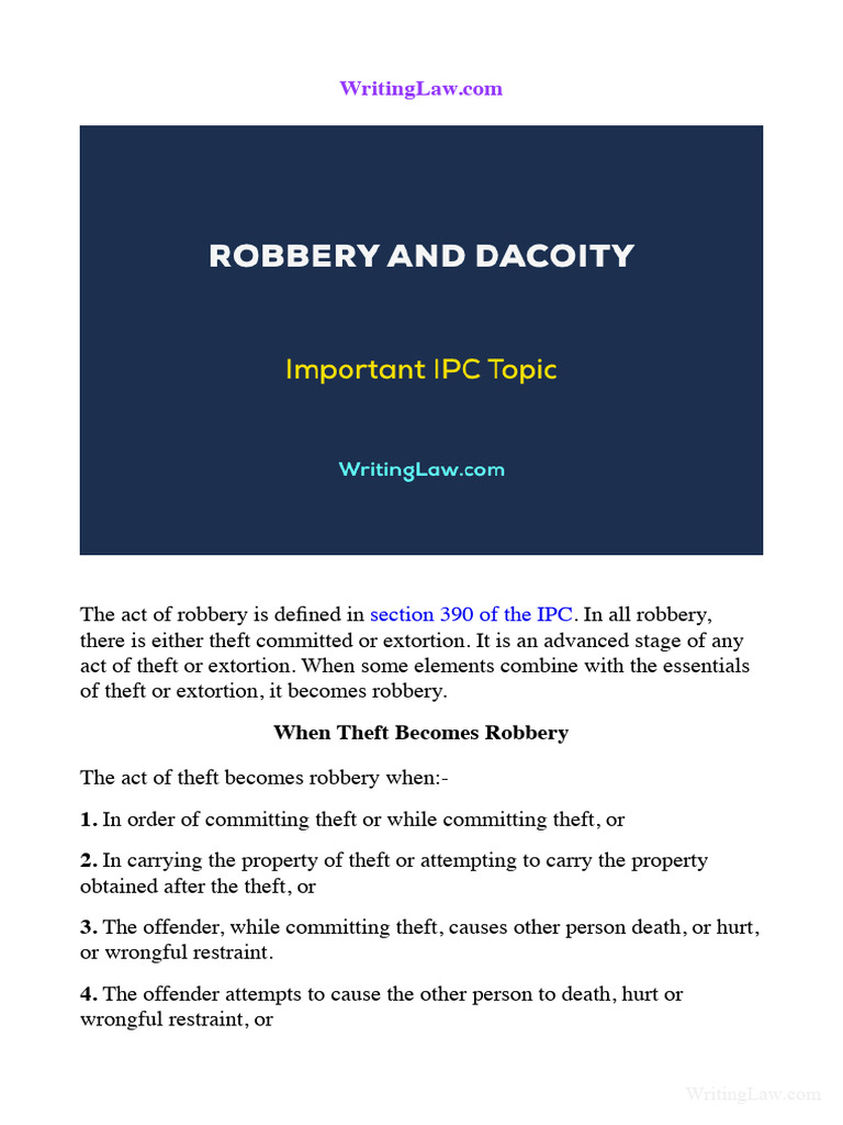 Robbery and Dacoity in The Indian Penal Code | PDF