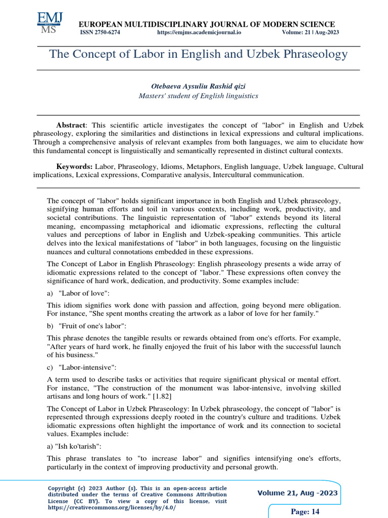The Concept of Labor in English and Uzbek Phraseology | PDF
