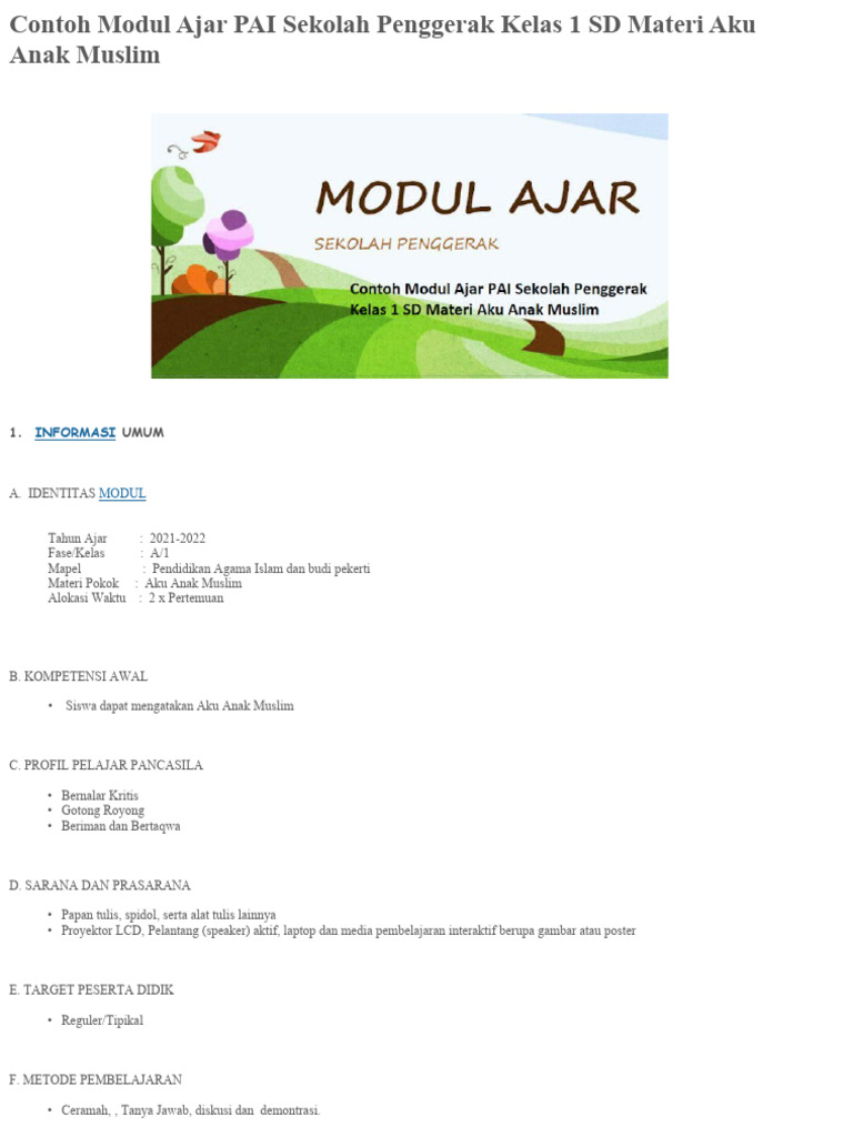 Contoh Modul Ajar PAI Sekolah Penggerak Kelas 1 SD Materi Aku Anak ...