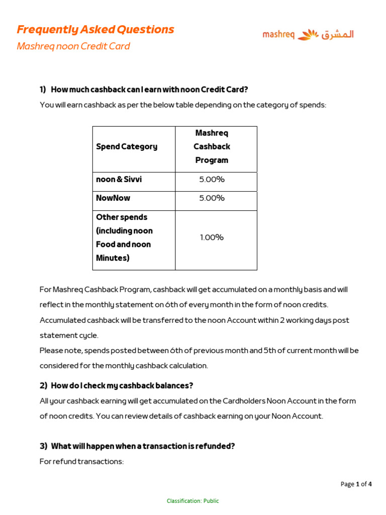 Noon Credit Card Cashback FAQ | PDF