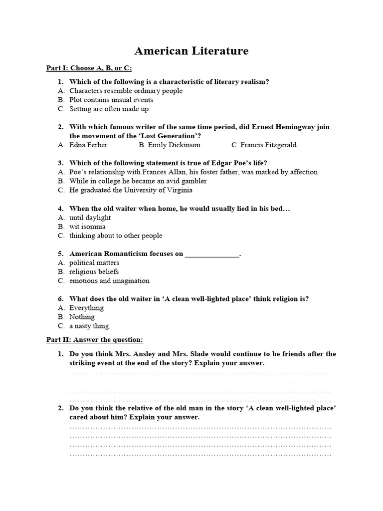 American Literature Exam Questions | PDF | Edgar Allan Poe | Ernest ...