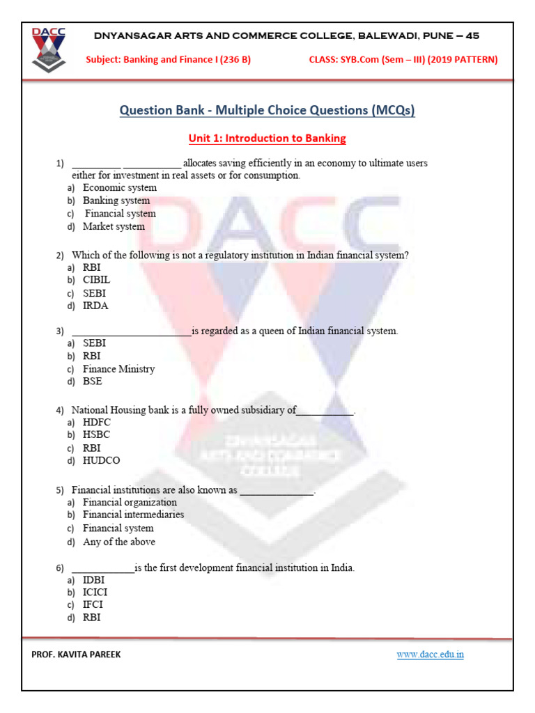 MCQs 236B BANKING FINANCE Ii | PDF | Reserve Bank Of India | Banks