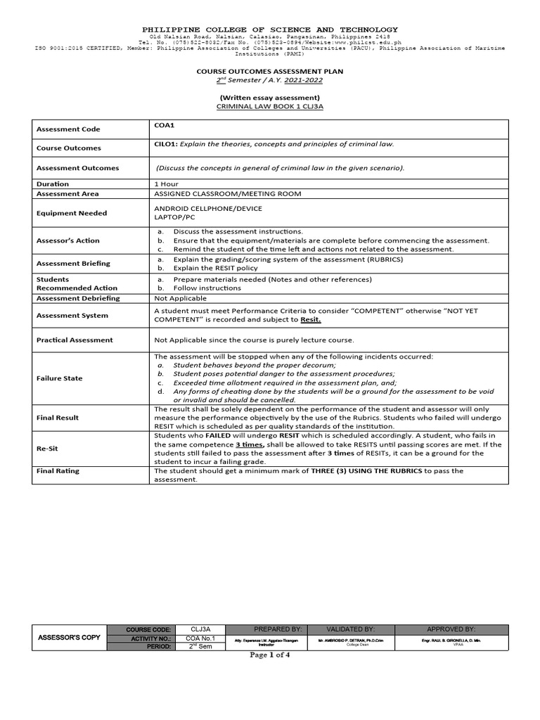 Coa1-Clj3a Ignacio Edmund D. | PDF | Robbery | Rubric (Academic)