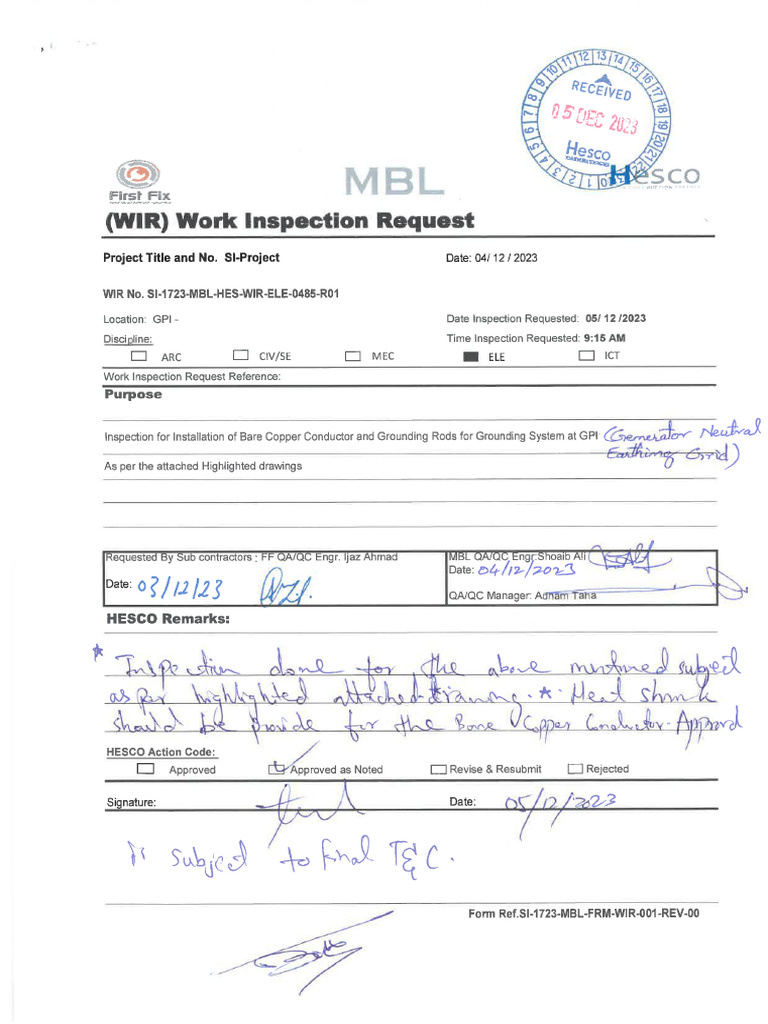 SI-1723-MBL-HES-WIR-ELE-0485-01 Inspection For Installation of Bare ...