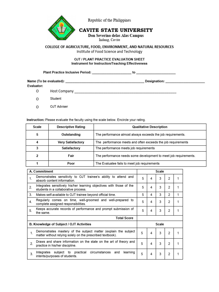 OJT Evaluation Form Template | PDF | Learning | Concept