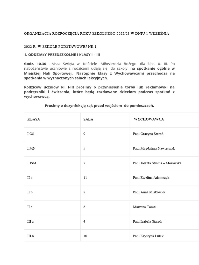 Organizacja Rozpoczęcia Roku Szkolnego 2022 | PDF