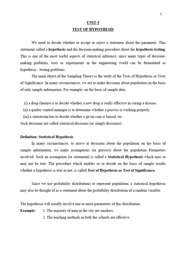 Ps Unit5 Test Of Hypothesis Pdf Statistical Hypothesis Testing Statistical Significance