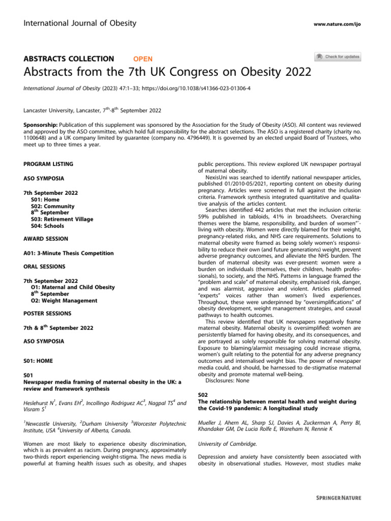 Abstracts From The 7th UK Congress On Obesity 2022: International Journal of Obesity | PDF