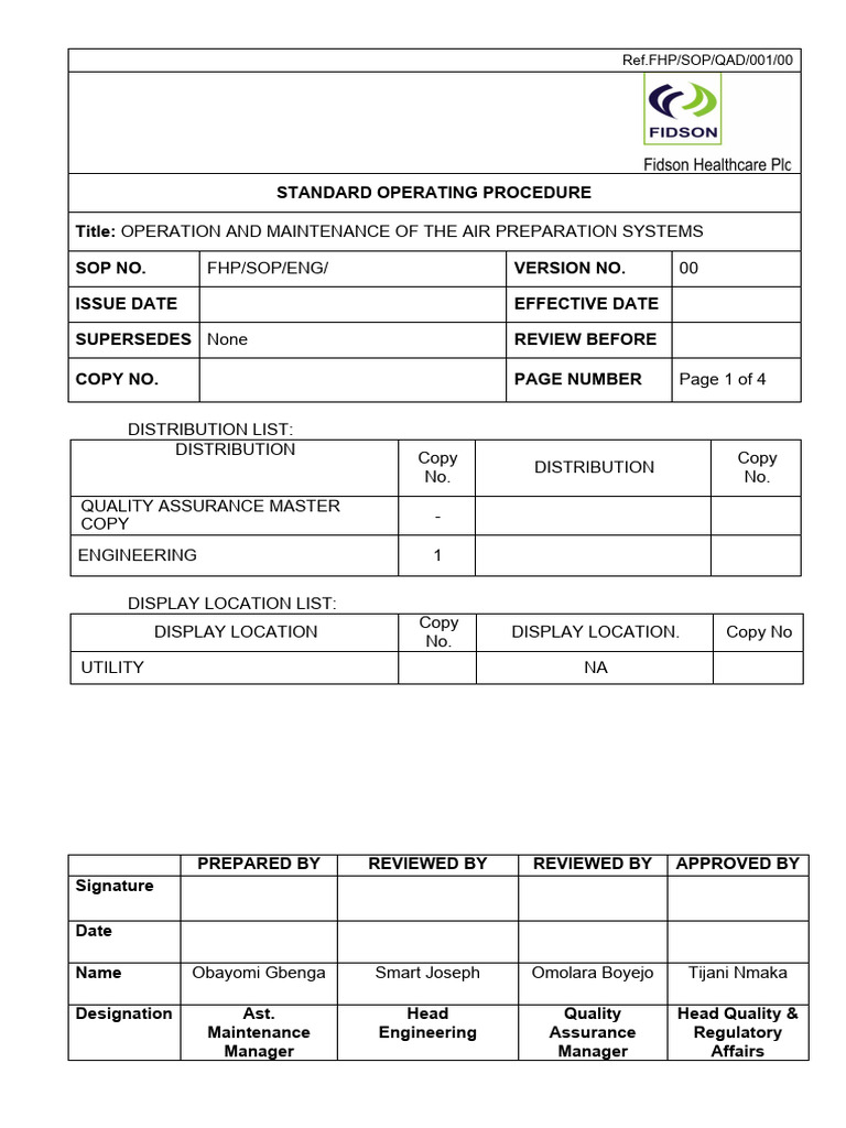 Sop For Air Preparation System | PDF | Valve