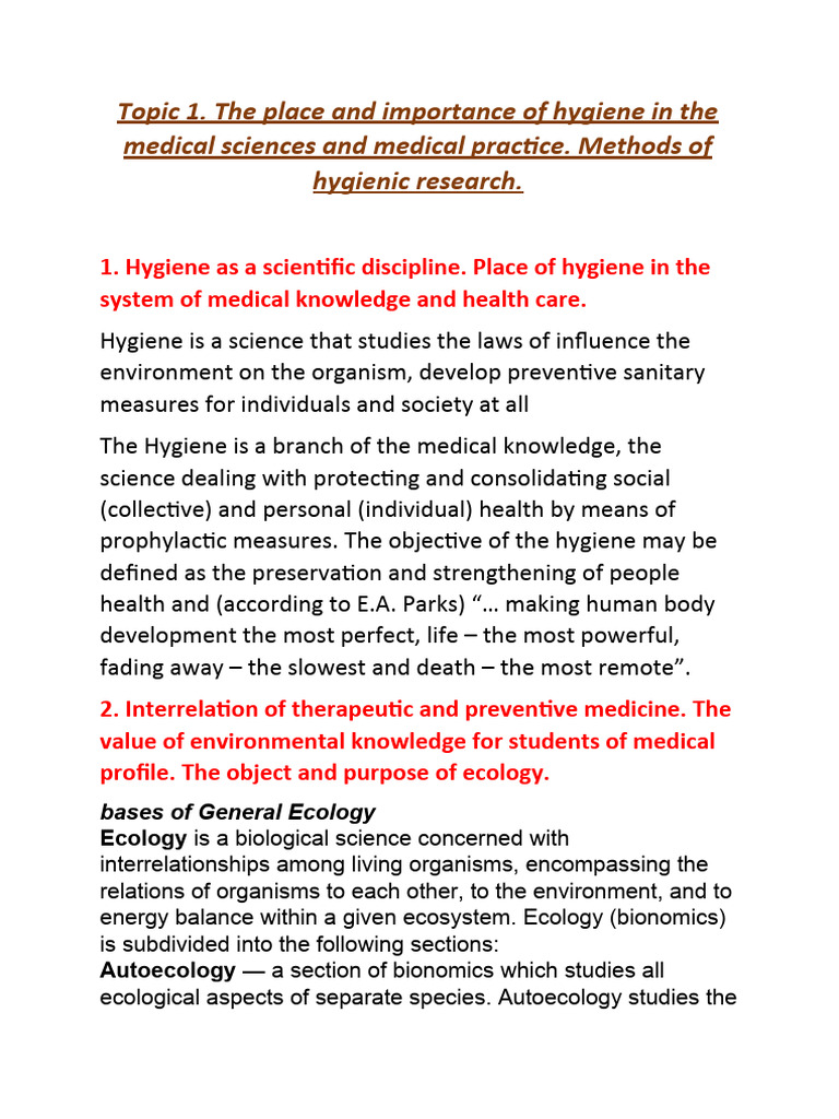 Topic 1. The Place and Importance of Hygiene in The Medical Sciences ...