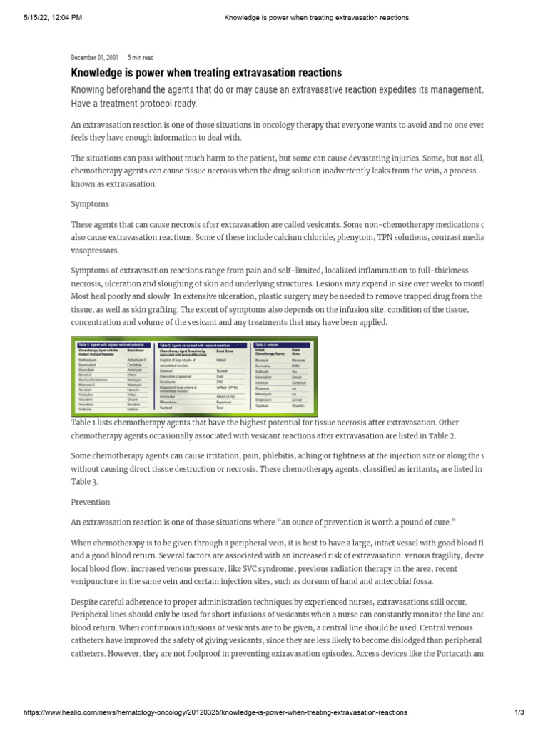 Knowledge Is Power When Treating Extravasation Reactions | PDF ...