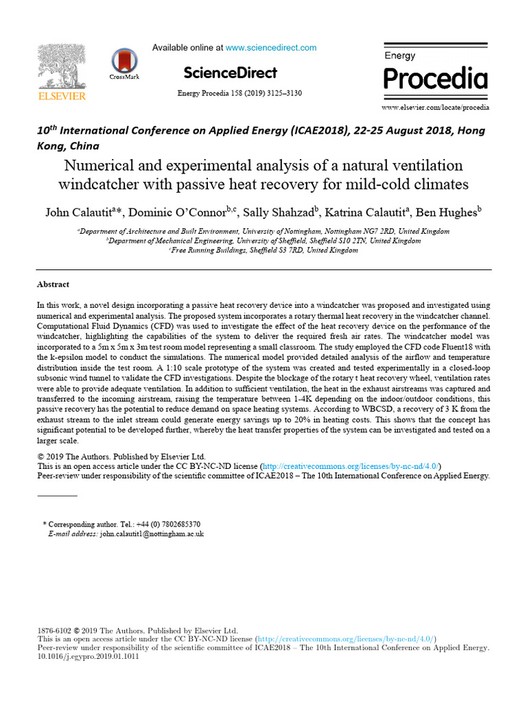 Numerical and Experimental Analysis of A Natural Ventilation Windcatcher With Passive Heat ...