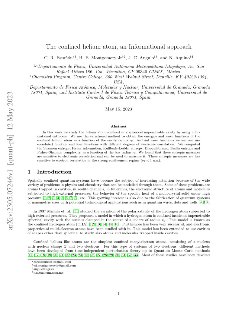 Confinement Effects on Helium Atom Entropy | PDF | Atoms | Physics