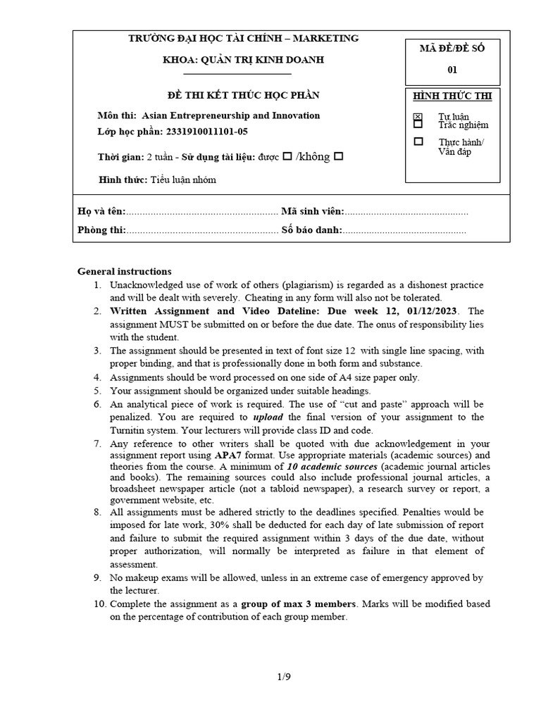 2023_HK3_Entrepreneurship_FINAL ASSIGNMENT | PDF | Thought | Reason