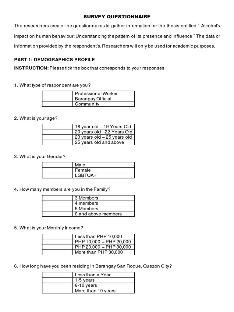 Survey Questionnairedry Run 1 | PDF | Alcoholism