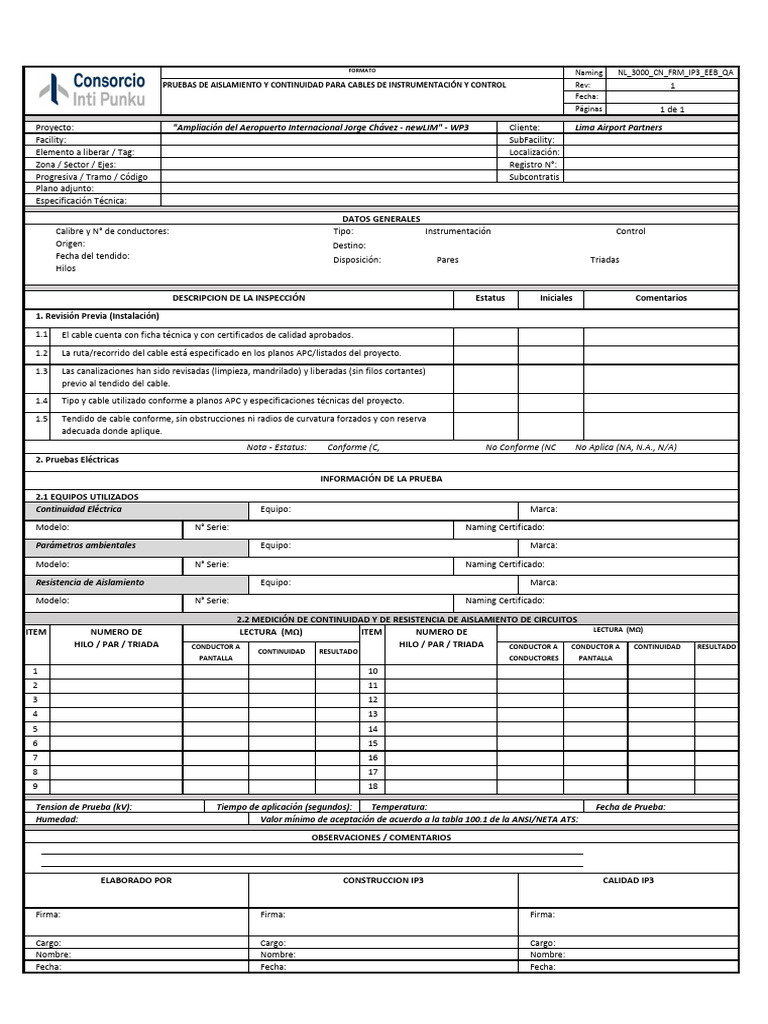 NL - 3000 - CN - FRM - Ip3 - Eeb - Qa - 000268 Rev1 Formato de Pruebas ... NL - 3000 - CN - FRM - Ip3 - Eeb - Qa - 000268 Rev1 Formato de Pruebas ...