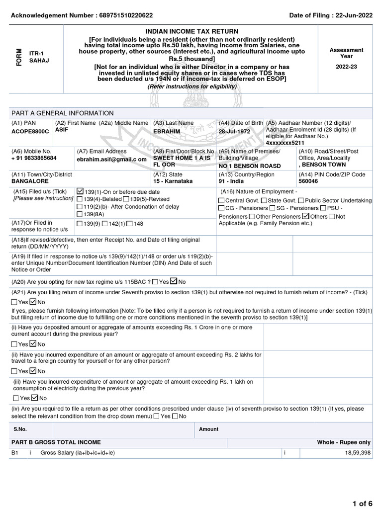 ITR-1 Filing for Asif Ebrahim 2022 | PDF | Pension | Tax Deduction