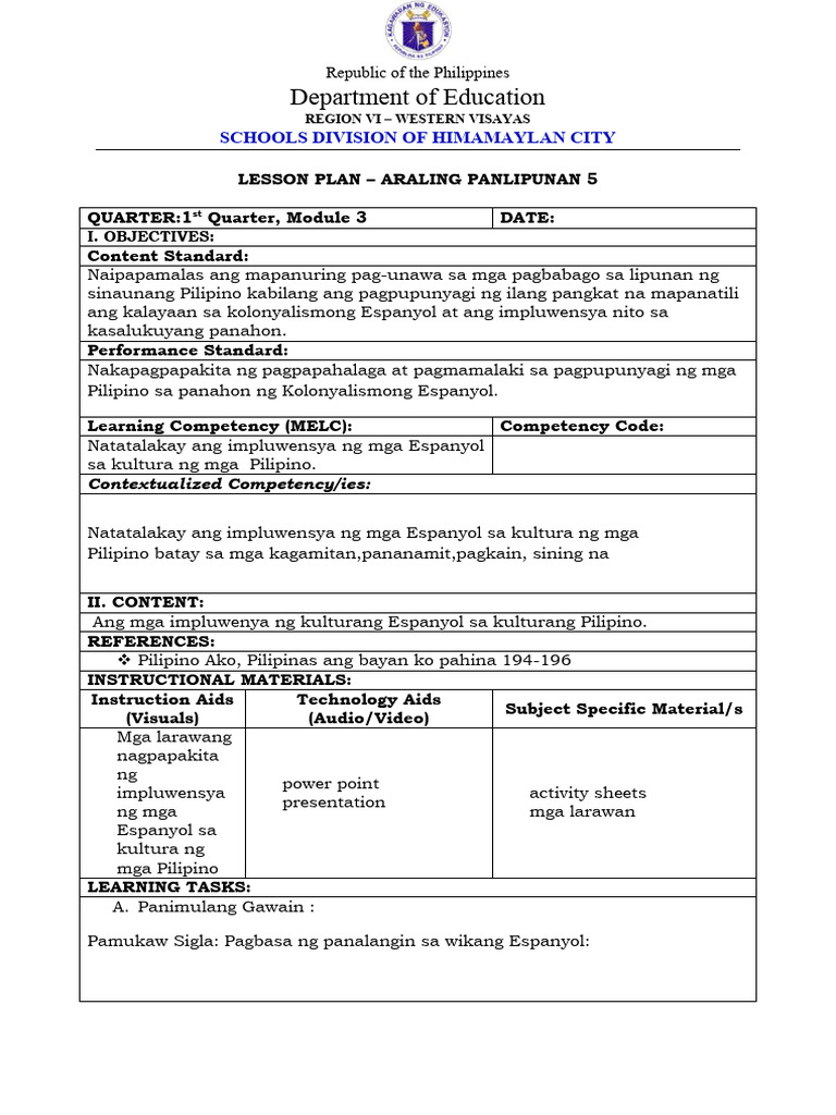 Lesson Exemplar Template Aral Pan 5 | PDF