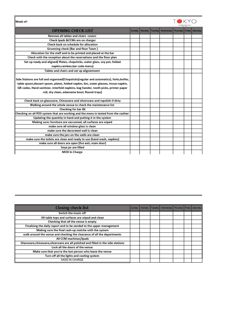 Opening Closing Check-List | PDF