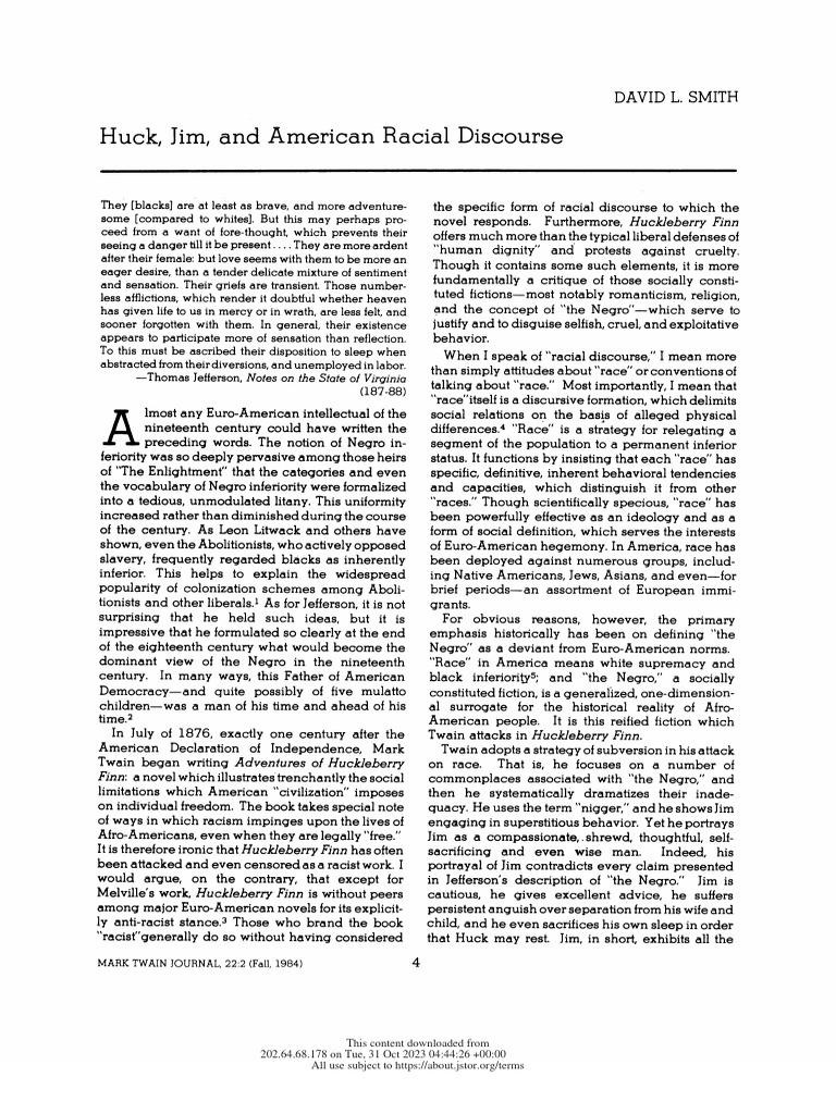 Huck, Jim, and American Racial Discourse | PDF | Huckleberry Finn ...