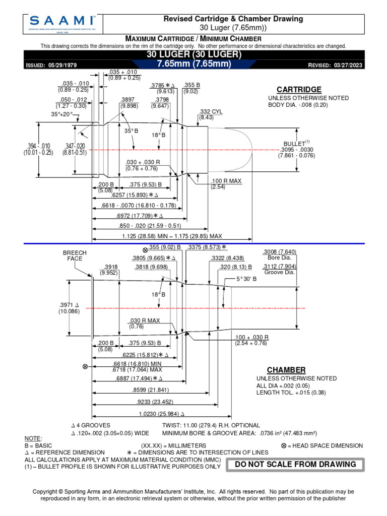 New Revised Cartridge and Chamber Drawing 30 Luger 2023 03 27 | PDF | Cartridge (Firearms) | Tools
