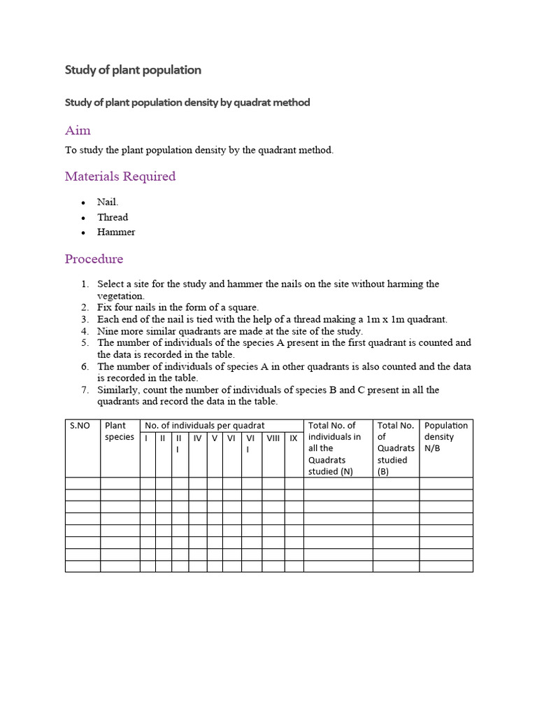 Plant Population Density Study by Quadrat | PDF