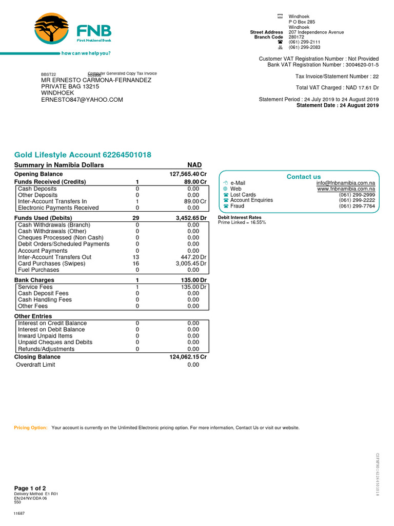 Gold Lifestyle Account 62264501018: Summary in Namibia Dollars NAD ...