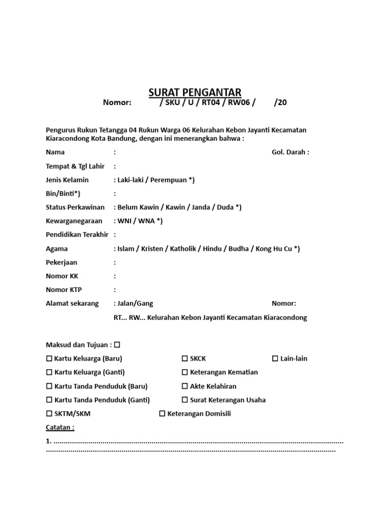 Surat Pengantar: Nomor: / Sku / U / Rt04 / Rw06 / /20 | PDF