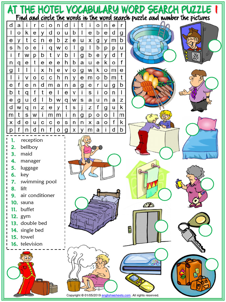 Hotel Vocabulary Esl Word Search Puzzle Worksheets For Kids | PDF ...