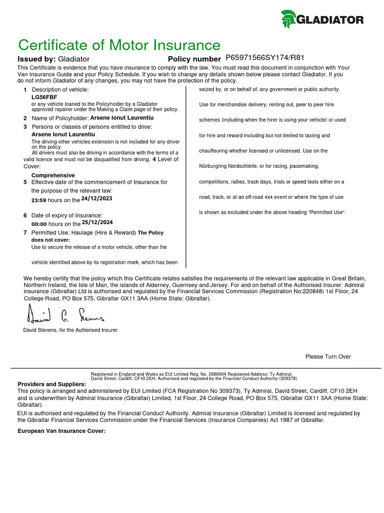 Hire and Reward Insurance Certificate | PDF | Insurance | Vehicle Insurance