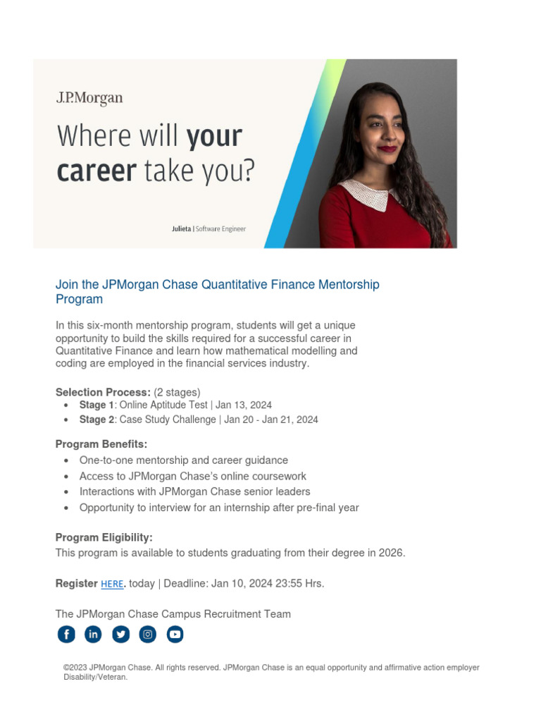 JP Morgan Chase Quant Finance Mentorship Program - 2024 Flyer | PDF