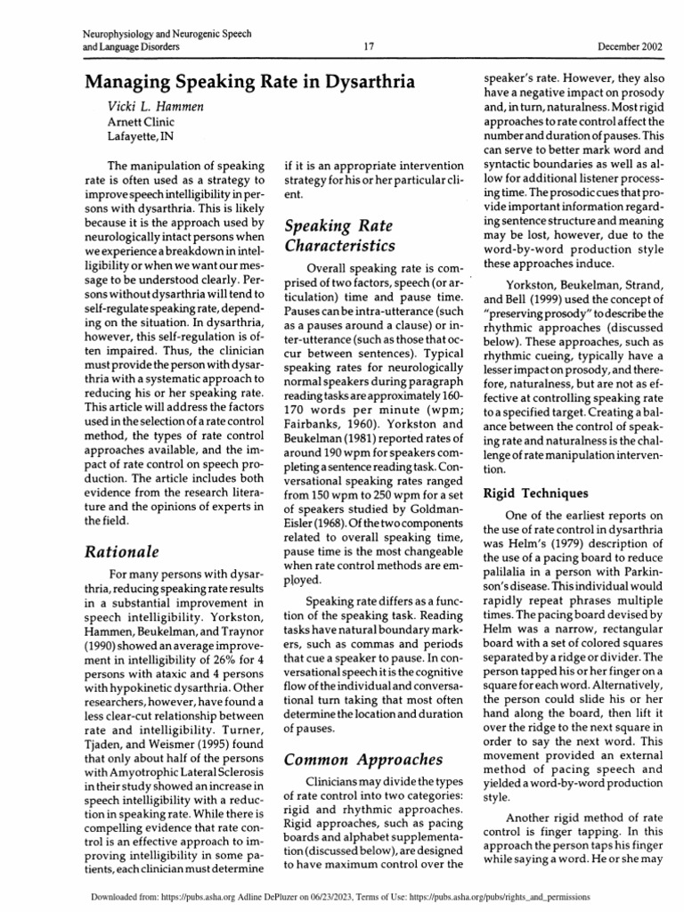 Managing Speaking Rate in Dysarthria | PDF | Speech | Human Voice