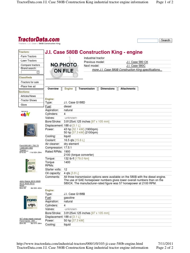 Backhoe Case 580 103 Ji Case 580b Engine | PDF | Horsepower | Engines