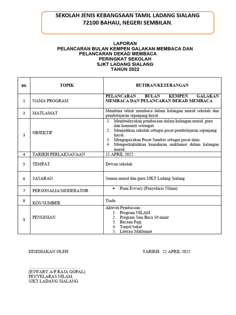 Laporan Pelancaran Dekad Membaca Peringkat Sekolah 2022 | PDF