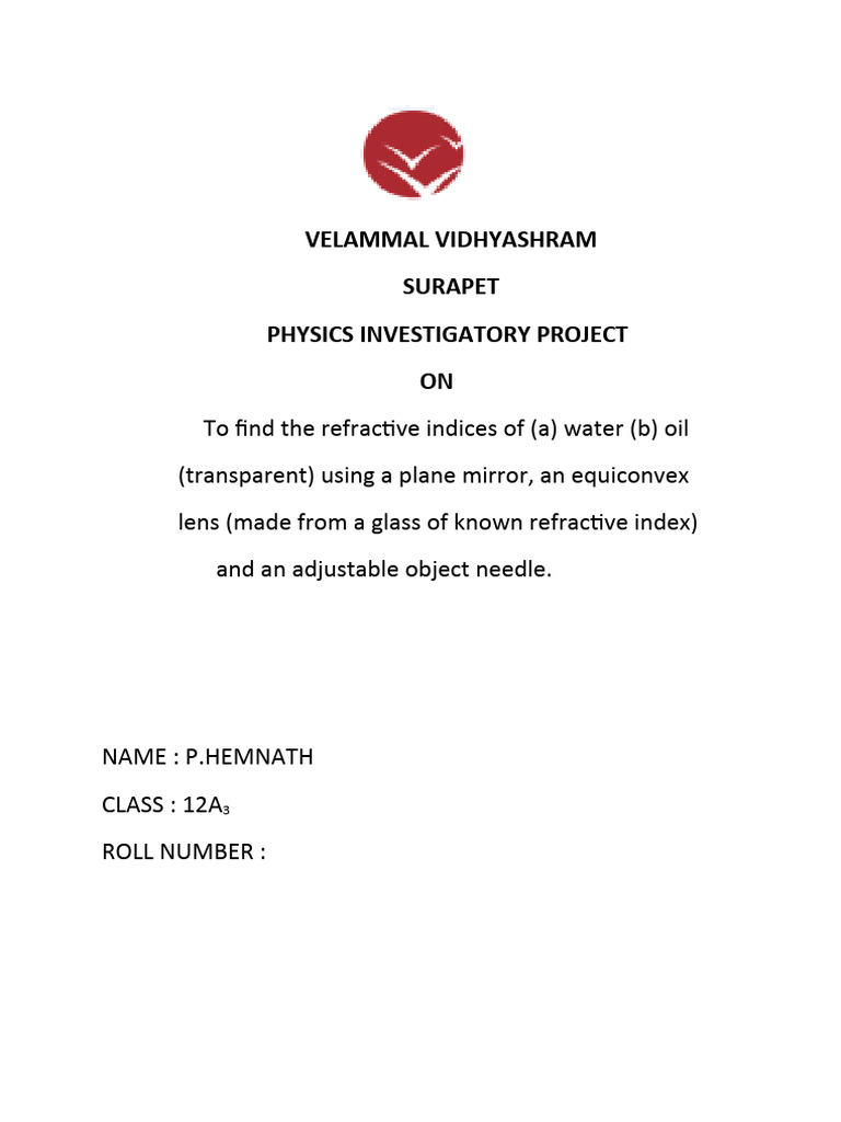 Physics-Investigatory To Find The Refractive Indices of (A) Water (B ...