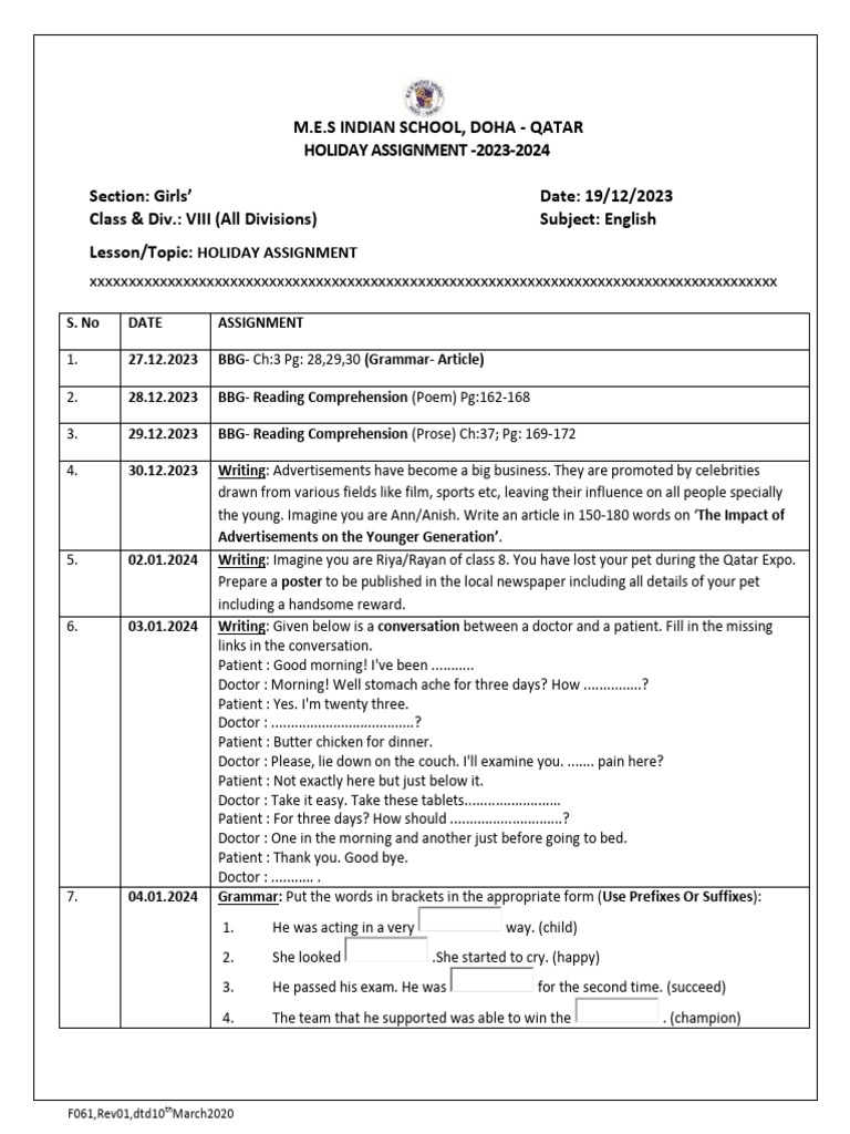 ENG Holiday HW | PDF