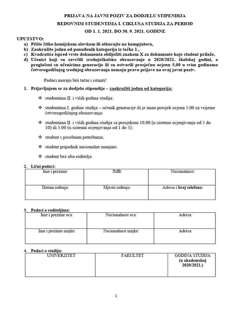 Obrazac-PRIJAVA - NA-JAVNI POZIV-stipendije 2021-Ba | PDF