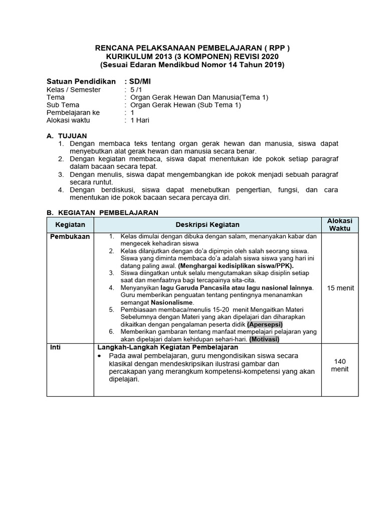 RPP Kelas V Semester 1 | PDF