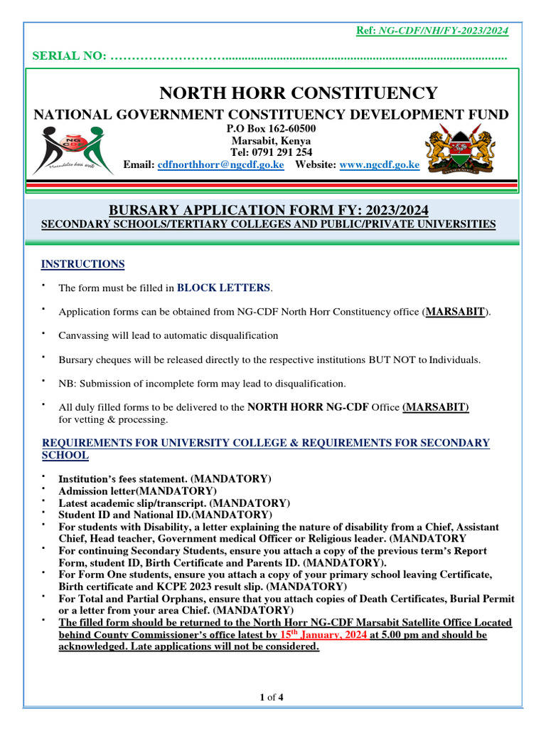 North Horr Bursary Application Form Fy 2023-2024 | PDF