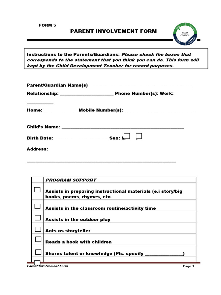 NCDC-5a PARENT INVOLVEMENT FORM A4 | PDF