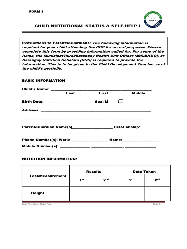 NCDC-3 Child Nutritional Status Form Long | Download Free PDF | Eating | Meal