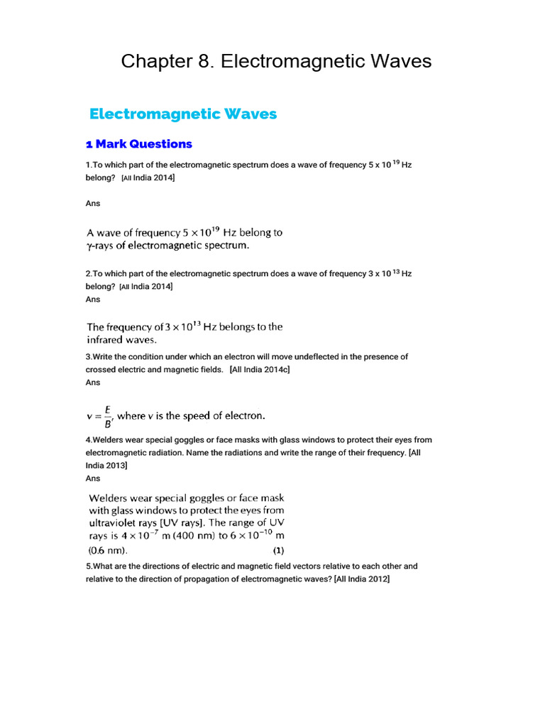 Important Questions of Electromagnetic Waves | PDF