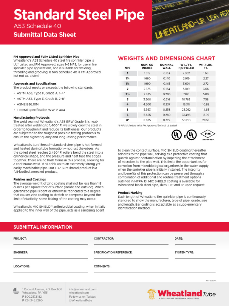 ASTM A53 Schedule 40 Submittal Sheet | PDF | Pipe (Fluid Conveyance) | Building Engineering