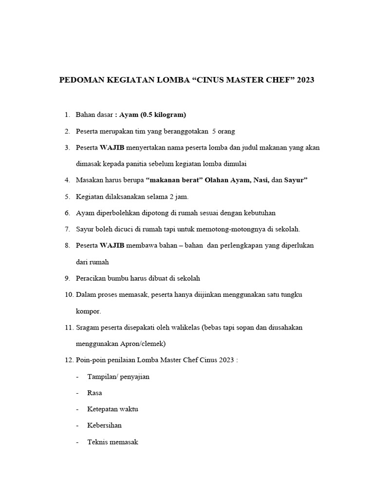 Pedoman Lomba MasterChef Cinus 2023 | PDF