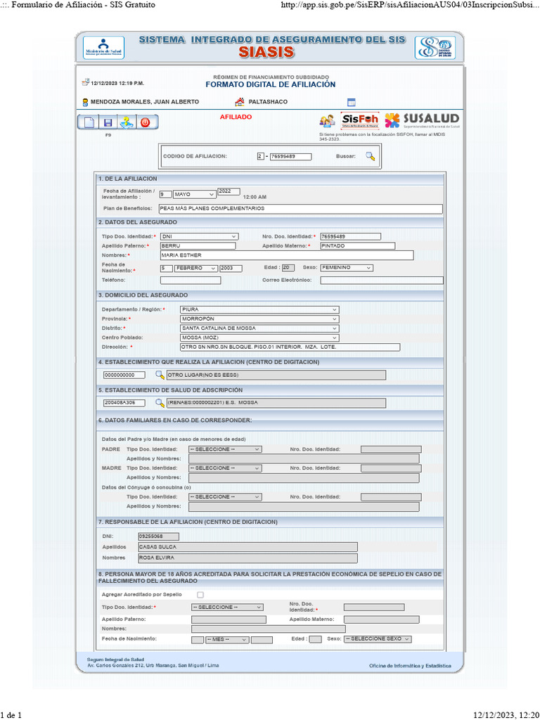 Formulario de Afiliación - SIS Gratuito | Descargar gratis PDF | Gobierno y personalidad